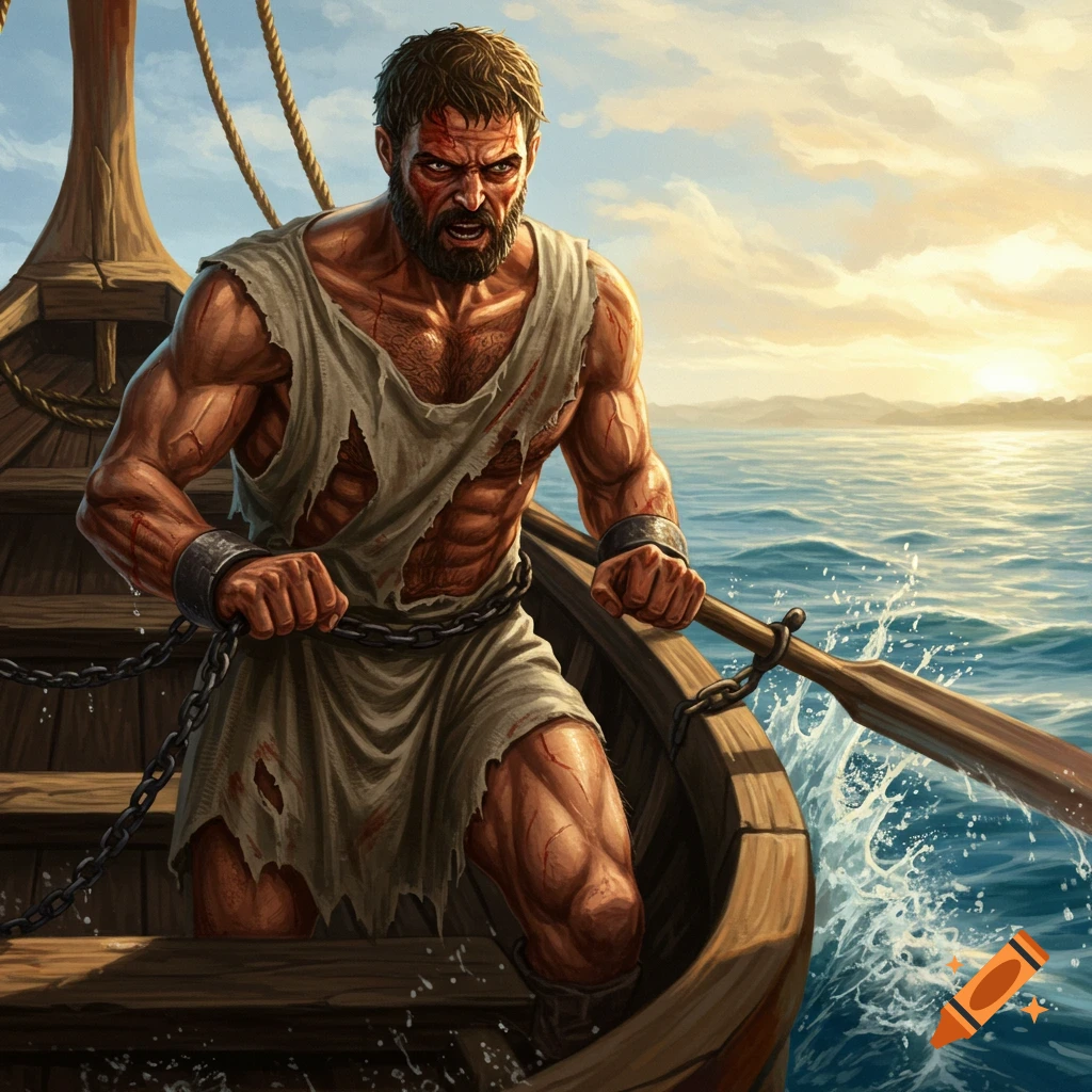 Muscular Roman galley slave in chains rowing a boat on the sea ...
