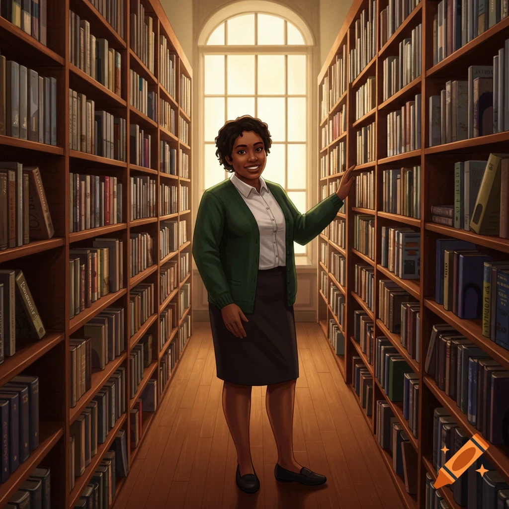 A black woman stands in the aisle of a library between shelves of books ...