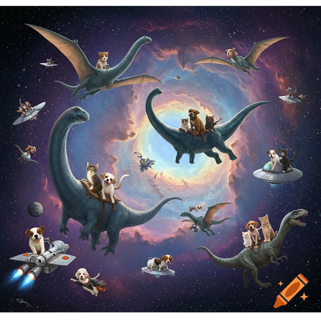 Cartoon cats and dogs wearing helmets riding dinosaurs in space. on Craiyon
