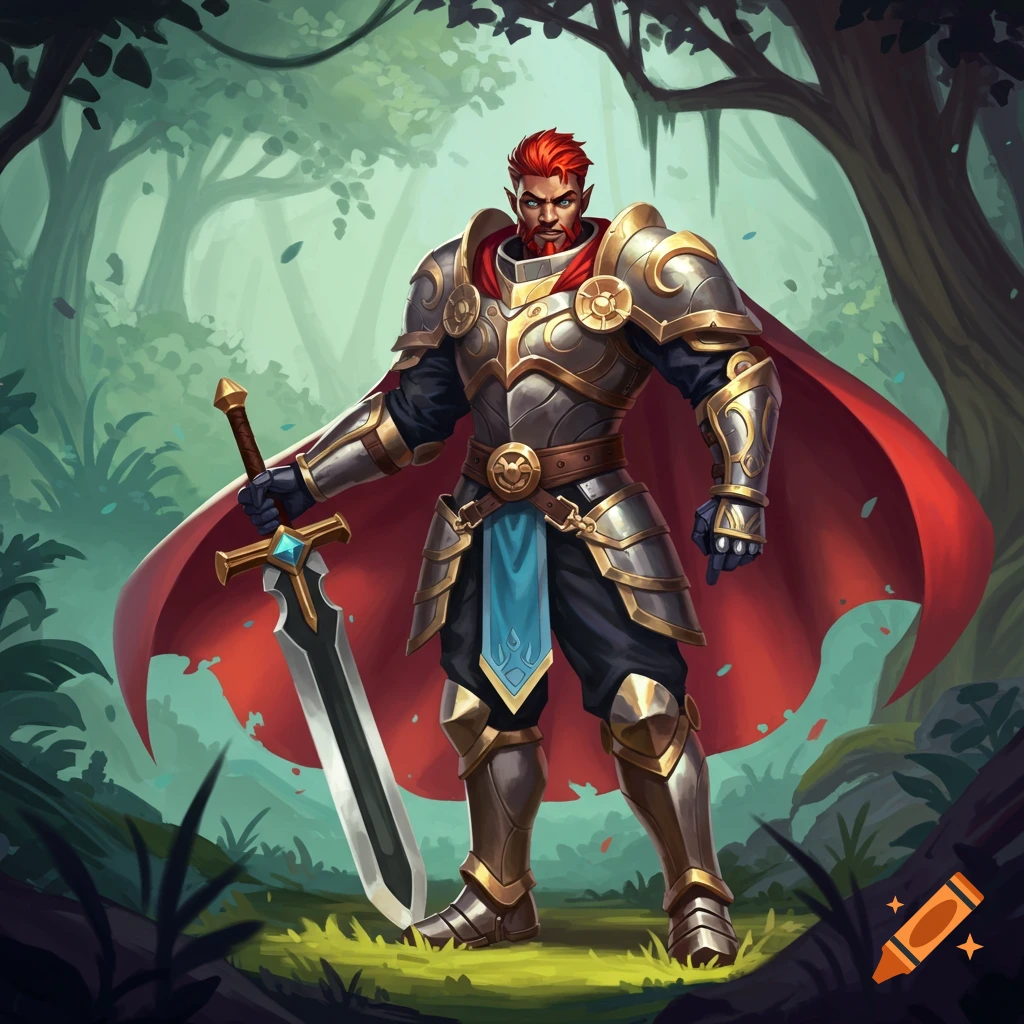 A fantasy warrior in ornate armor stands in a forest holding a large ...