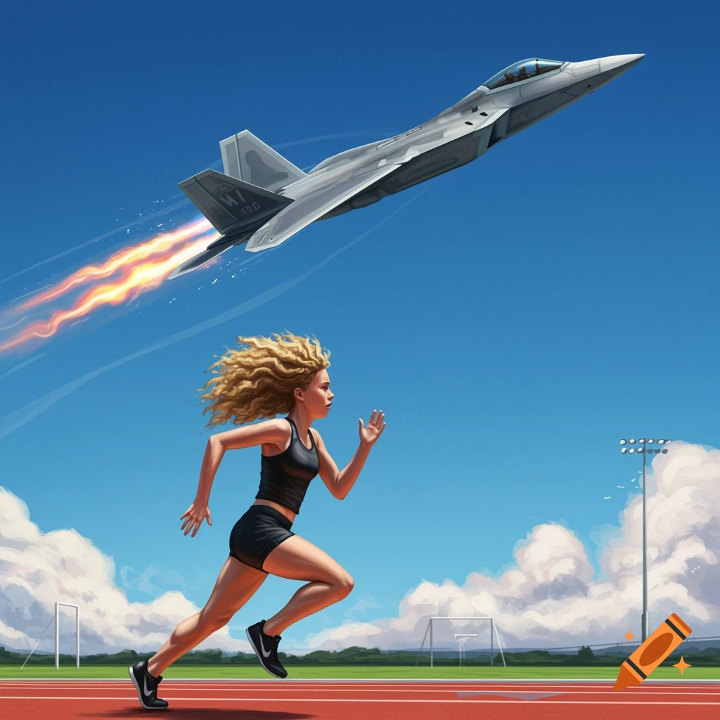 Teenage girl running track race with fighter jet overhead on Craiyon