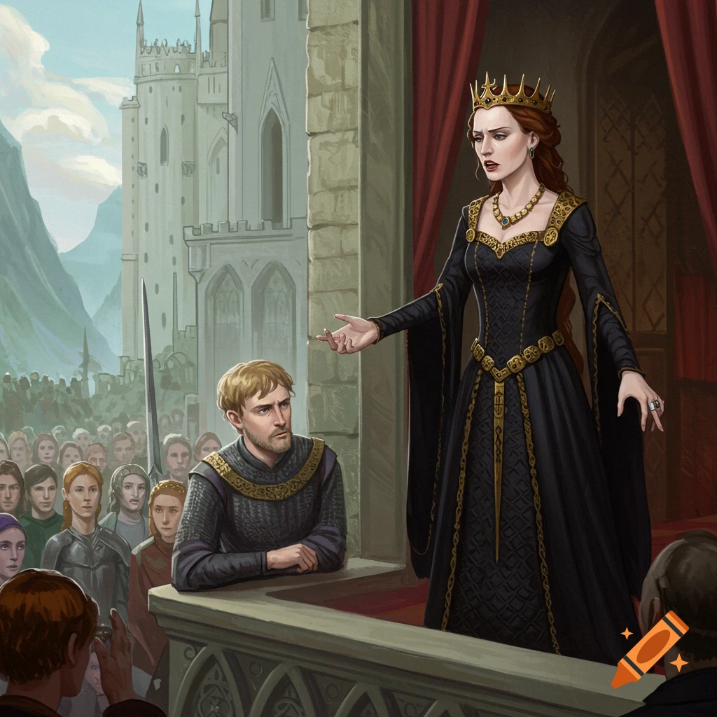 A cartoon king and queen stand on a castle balcony overlooking a ...