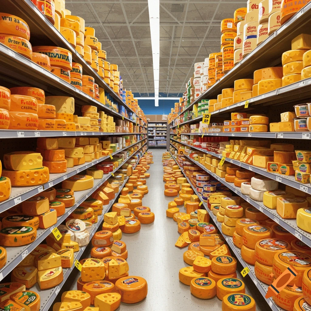 Walmart aisle filled with cheese on Craiyon