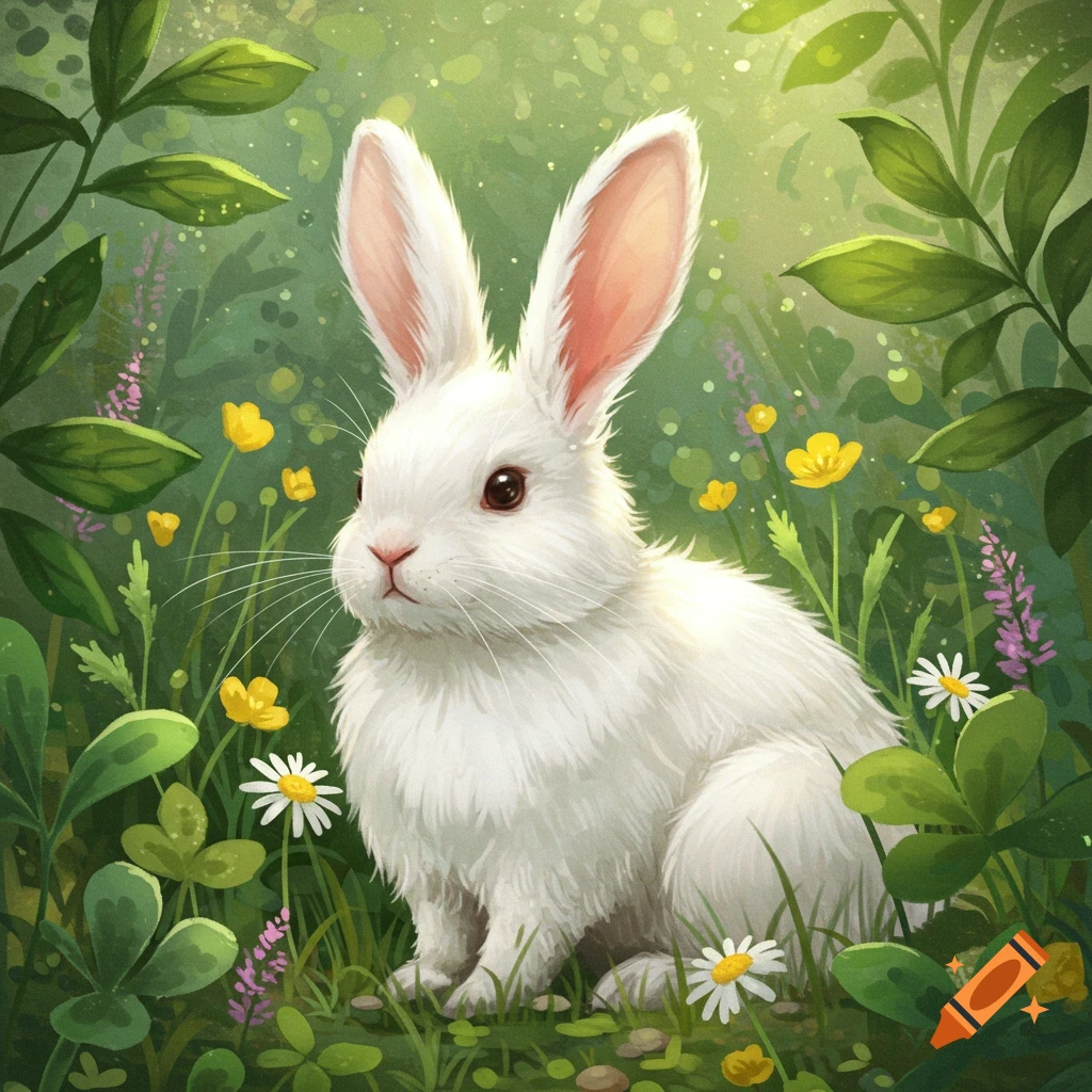 A fluffy white rabbit sits among green leaves and colorful flowers in a ...