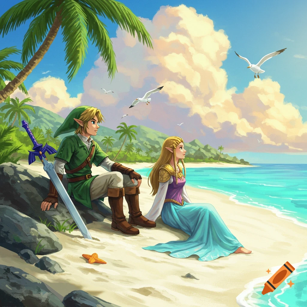 Link and Zelda at the beach on Craiyon