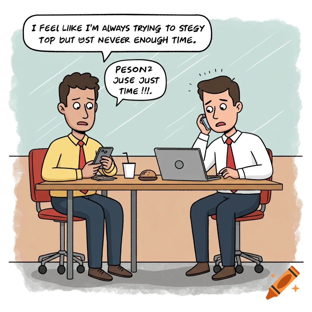 Cartoon of coworkers during lunch break with text bubbles on Craiyon