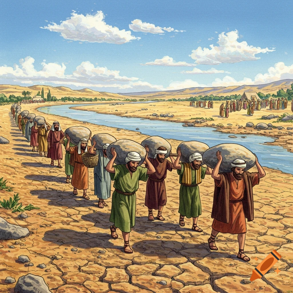 Illustration of Israelite priests gathering stones from the river in ...