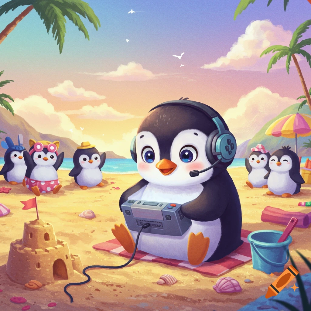 Cute penguin playing video games on beach on Craiyon