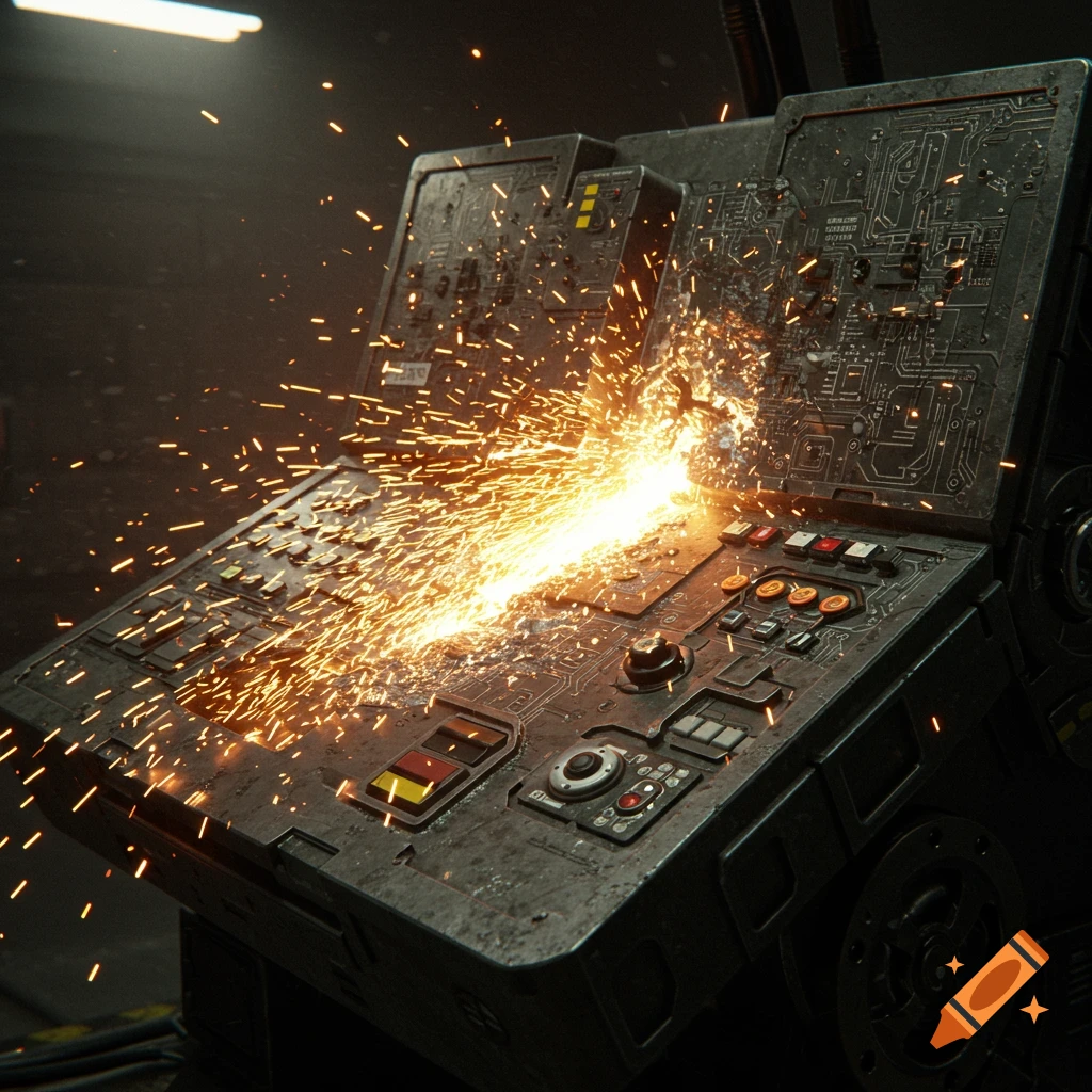 Photorealistic metallic robot control console with damaged circuitry ...