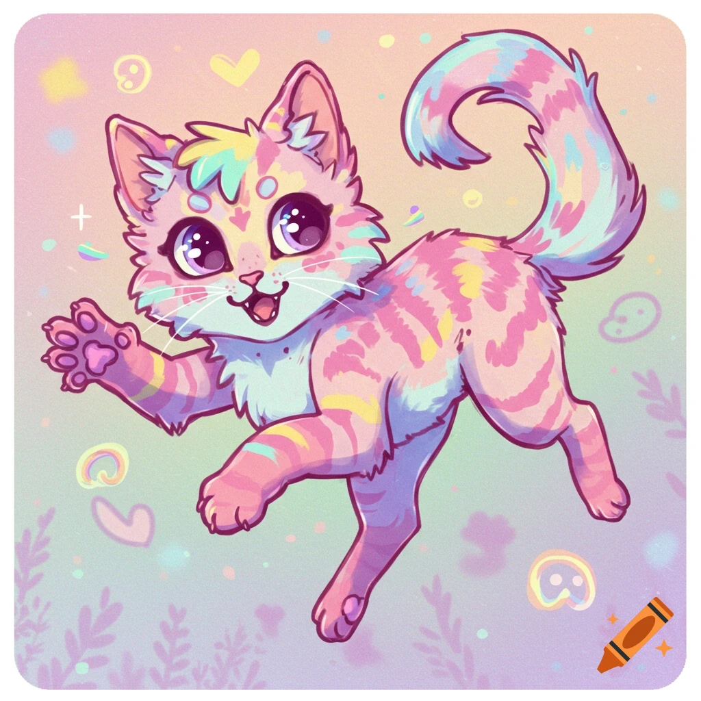 A chubby cyan cartoon cat with colorful spots and starry eyes on Craiyon