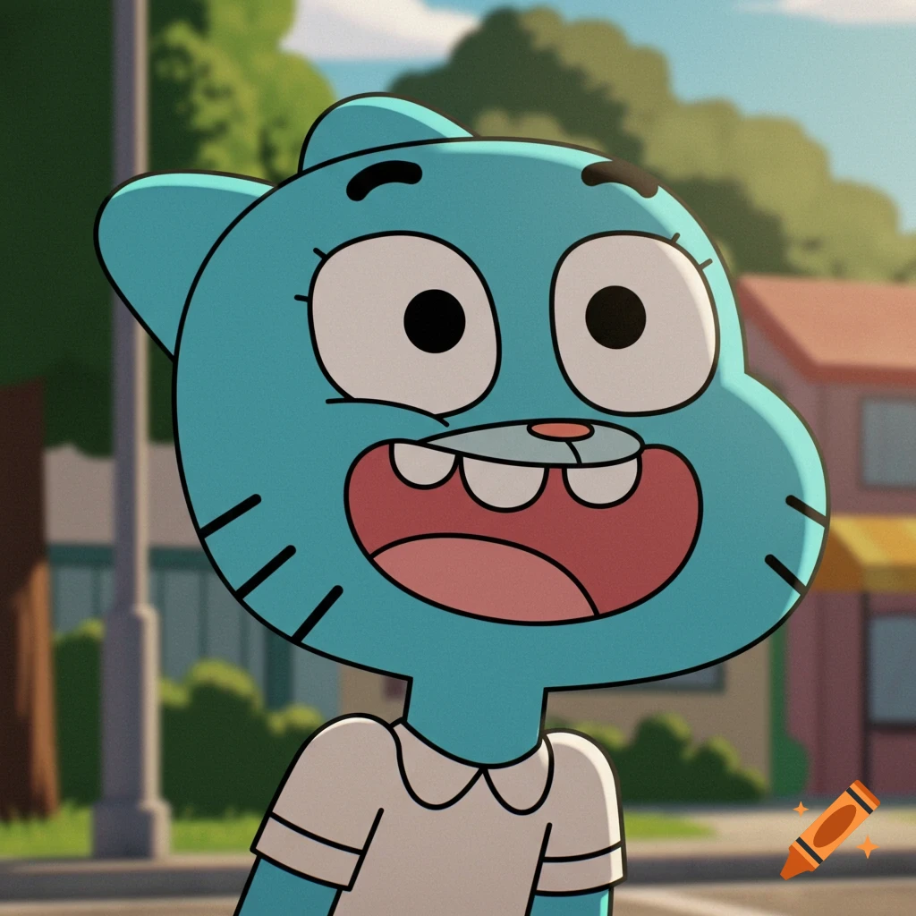 Close-up portrait of the cartoon character Gumball Watterson smiling in an outdoor setting. on ...