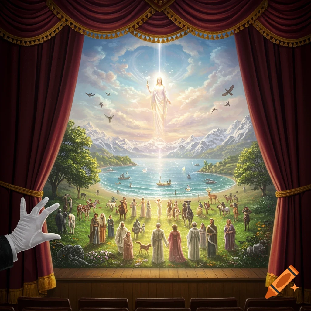 A hand pulls back a stage curtain revealing a mystical land with ...