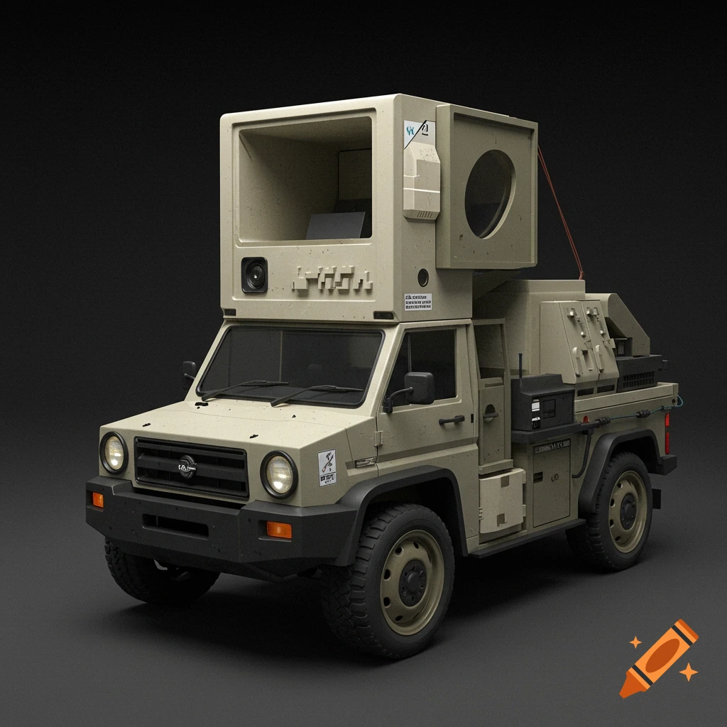 3D render of a beige stylized utility vehicle with a large monitor ...