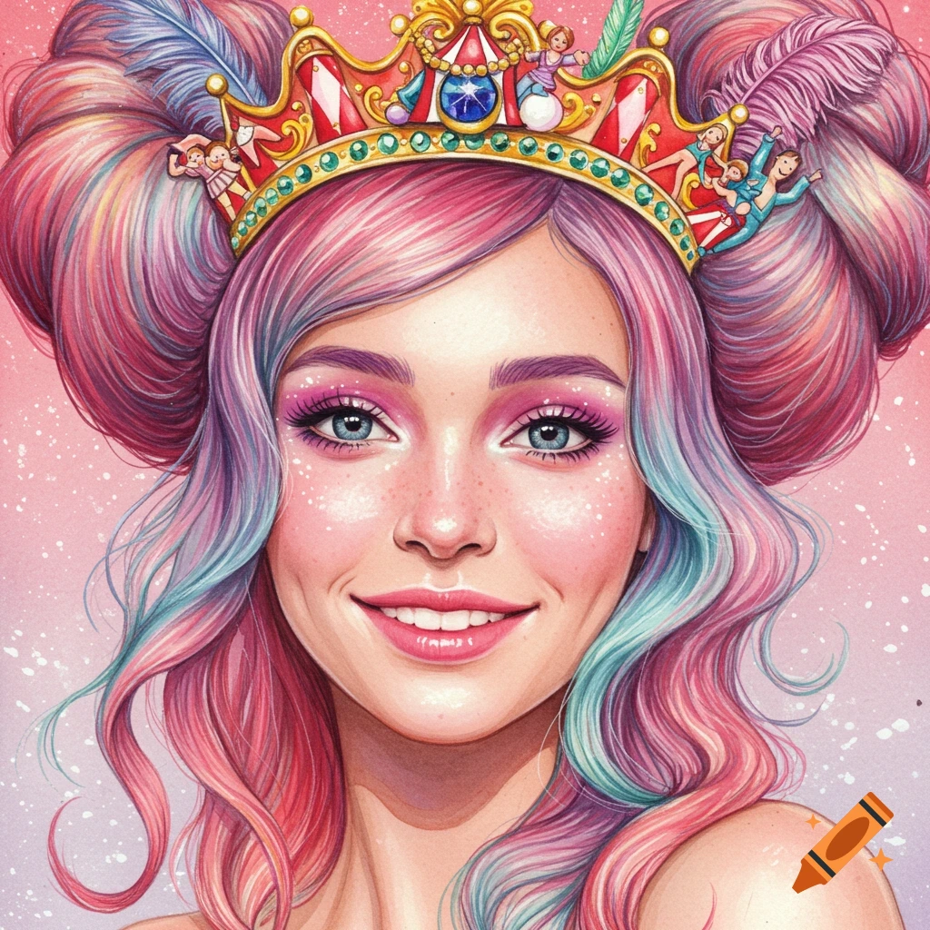 Beautiful woman with multicolored hair and circus crown, gouache ...