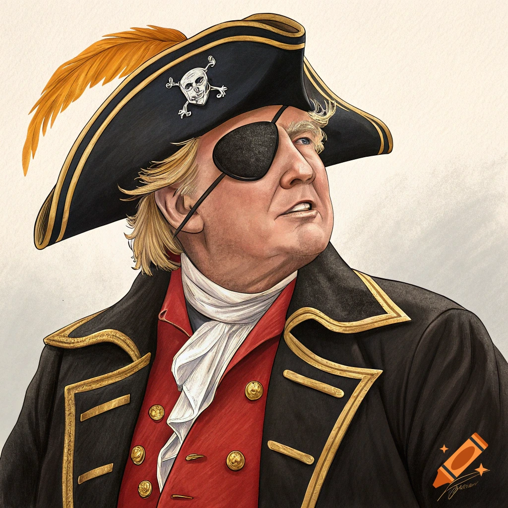 Caricature of Donald Trump dressed as a pirate with an eye patch and feathered hat. on Craiyon