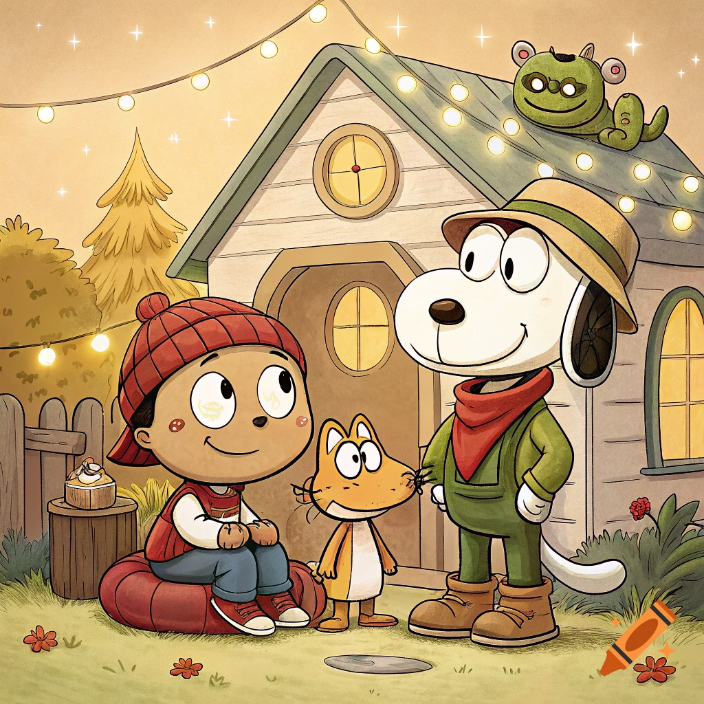 A group of cartoon characters including Snoopy, a child, and animal ...