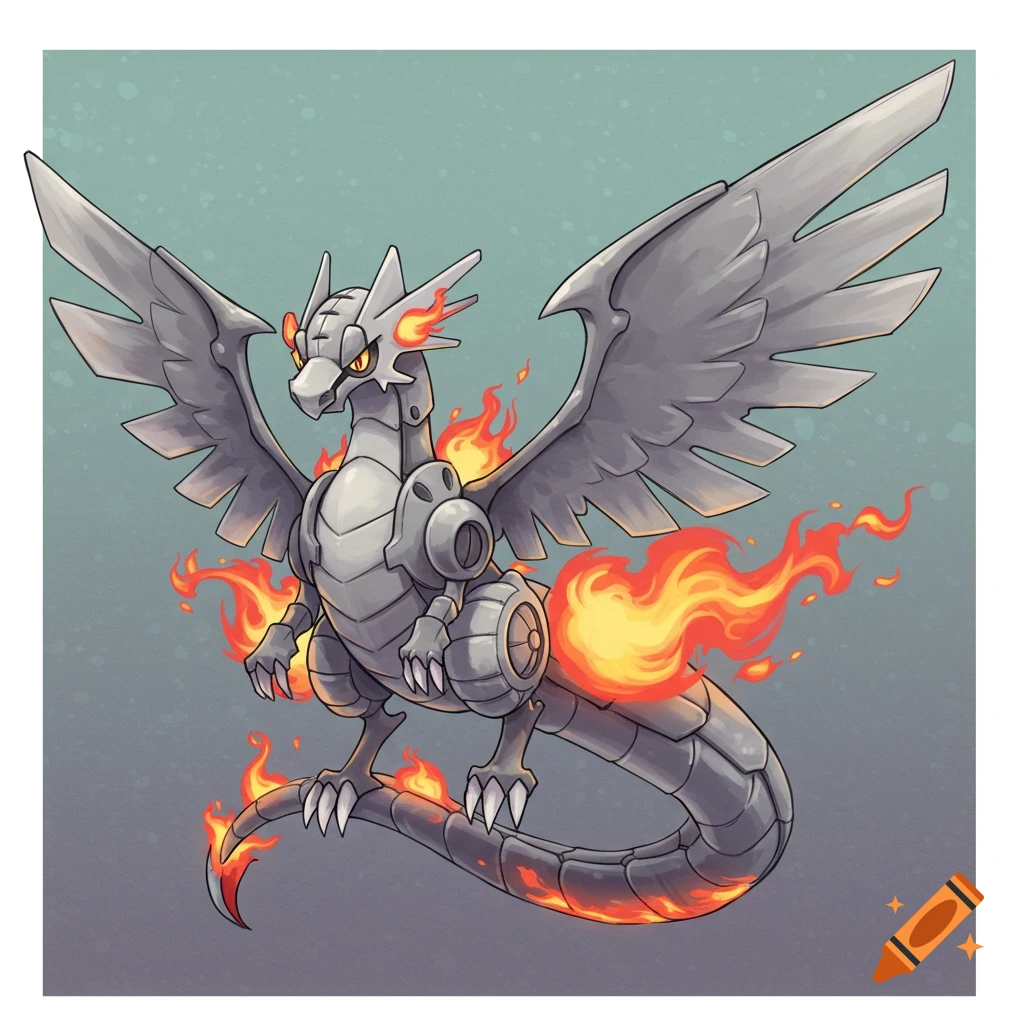 A mechanical dragon with large wings and fire around its legs and tail ...