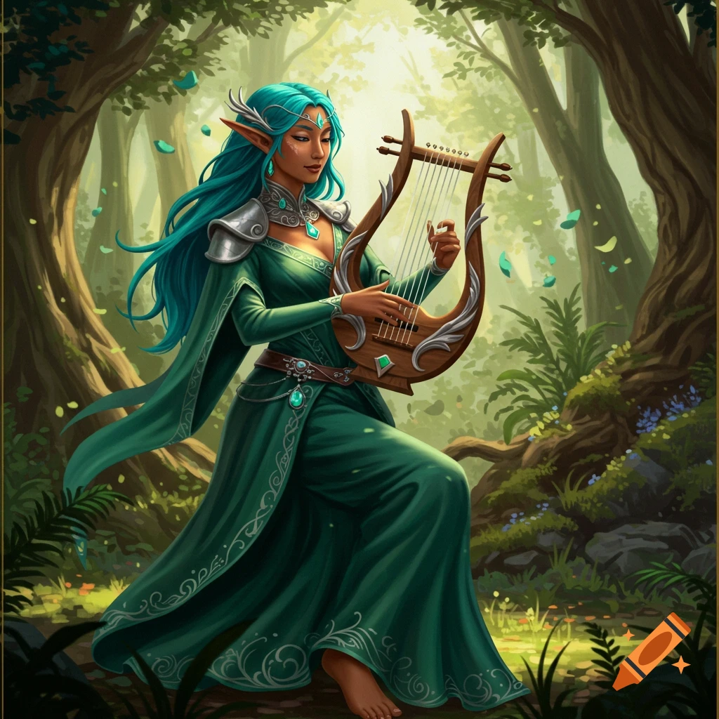 A noble elf with teal hair in a green outfit plays a lyre in a sunlit ...