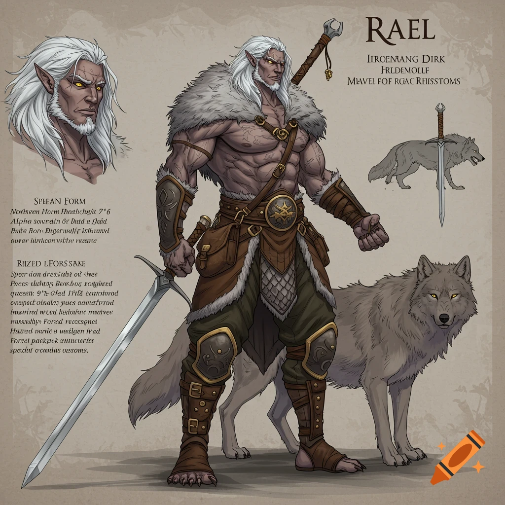 Illustration of Rael, a Direwolf werewolf, in human and wolf forms, set ...