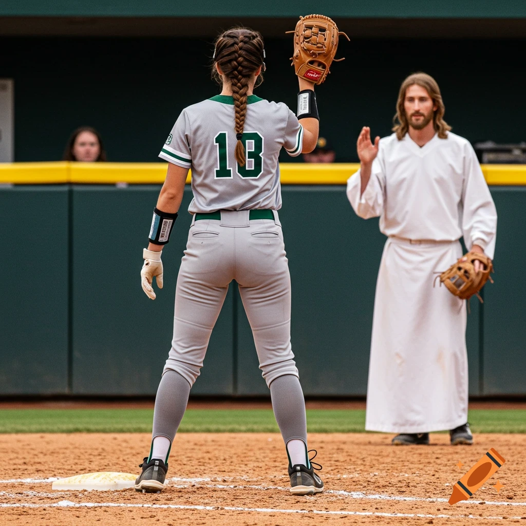 Softball player with Jesus standing beside her on Craiyon