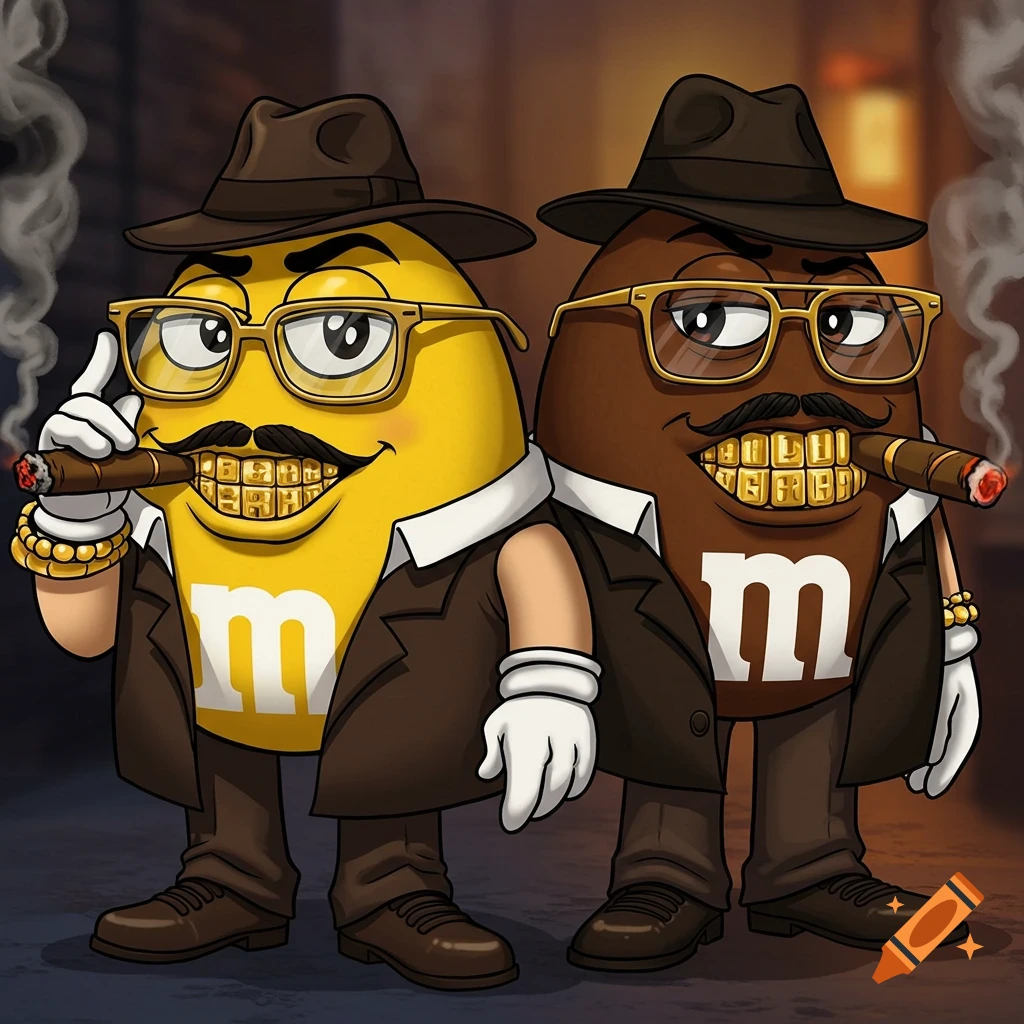 Cartoon M&M gangsters with cigars and gold grills on Craiyon