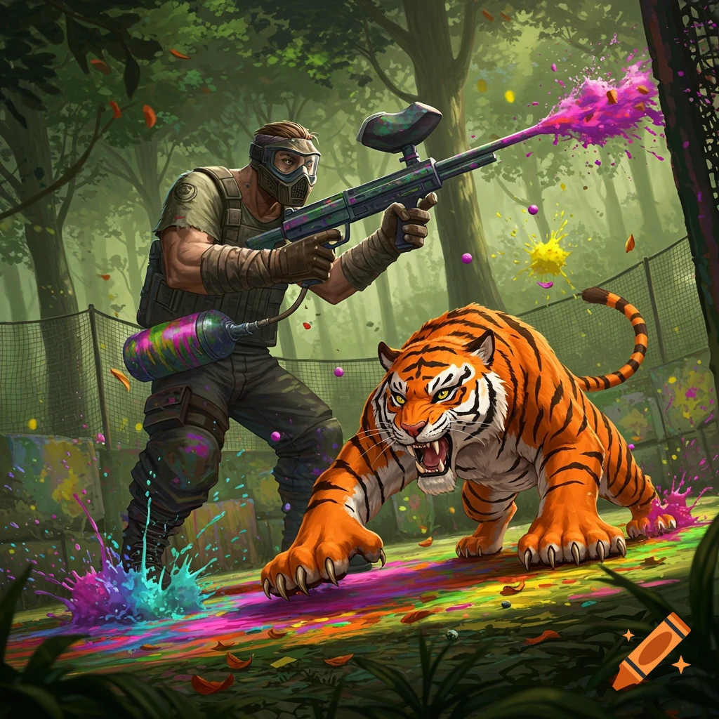 Anime tiger in paintball match on Craiyon
