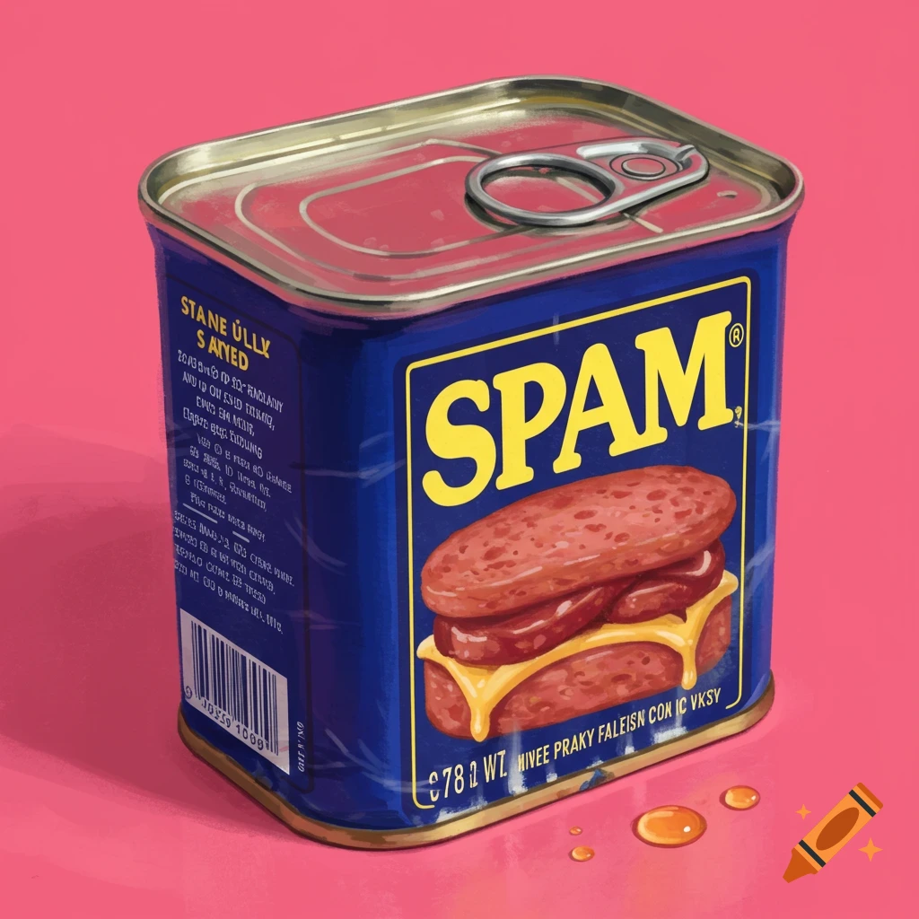 Painting of a Spam can with a burger inside and text below. on Craiyon