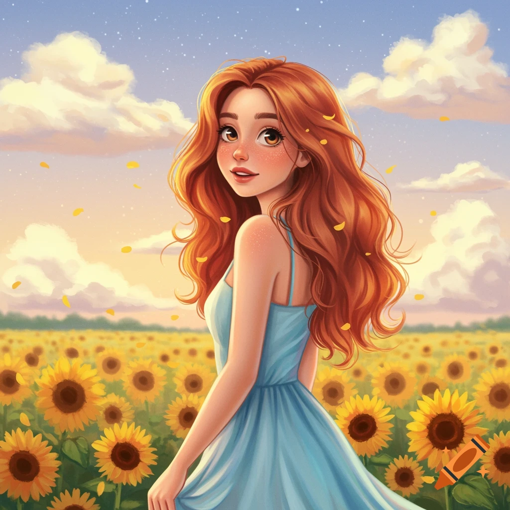 Whimsical illustration of a young girl with flowing brown hair in a ...