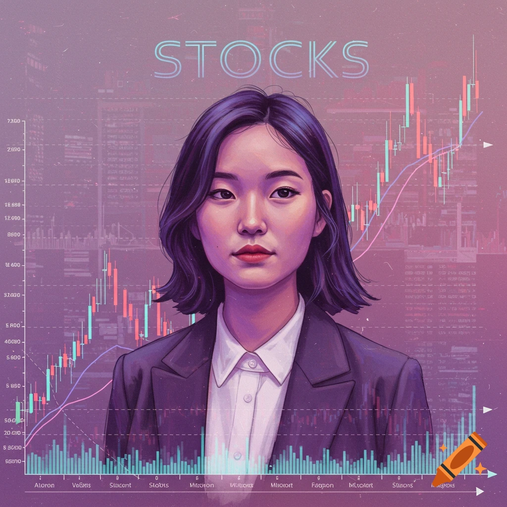 Illustration of a woman in business attire in front of stock market ...