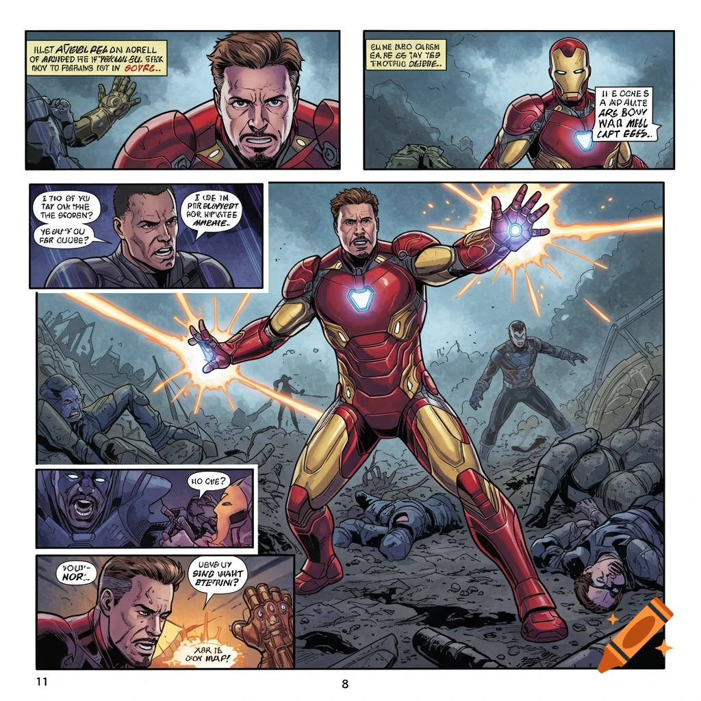 Iron Man snaps his fingers in Marvel's Endgame comic page on Craiyon