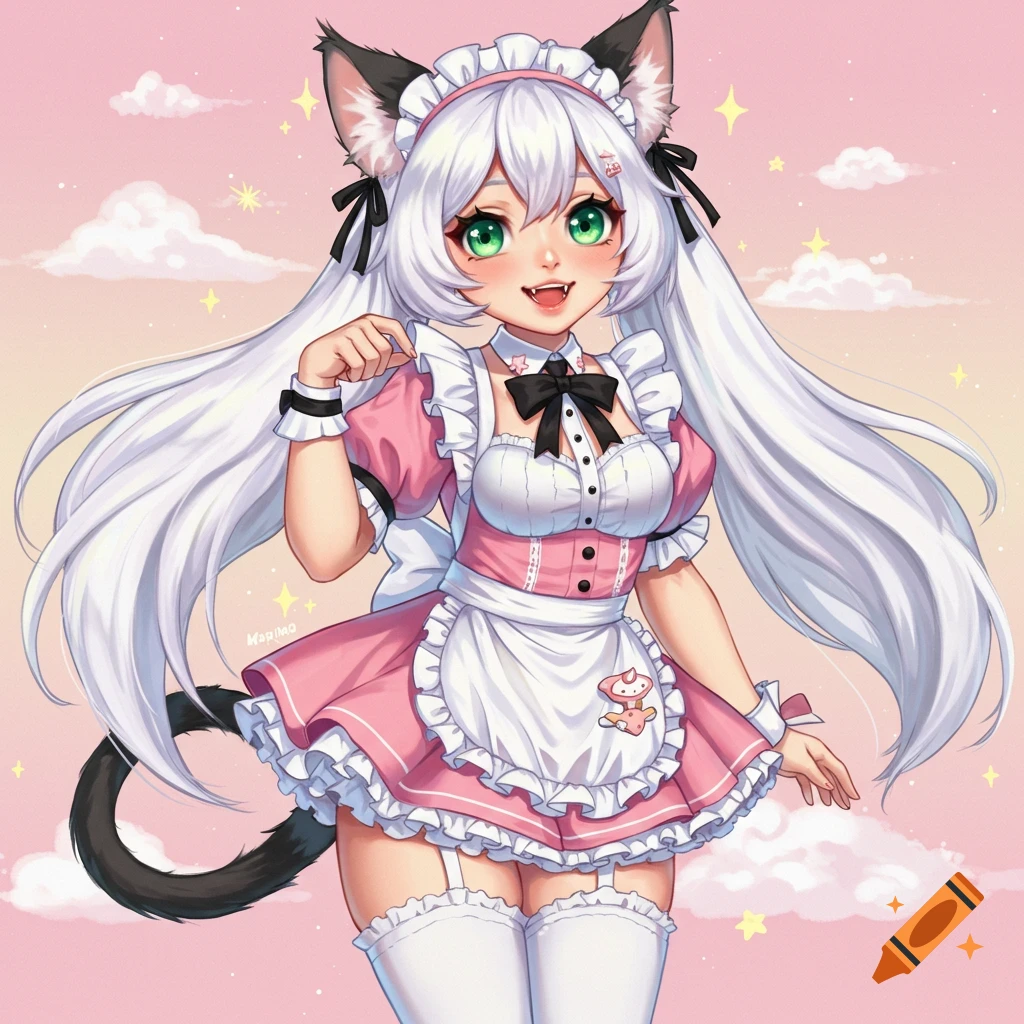 A catgirl with split white and pink hair and blue eyes, wearing a maid ...