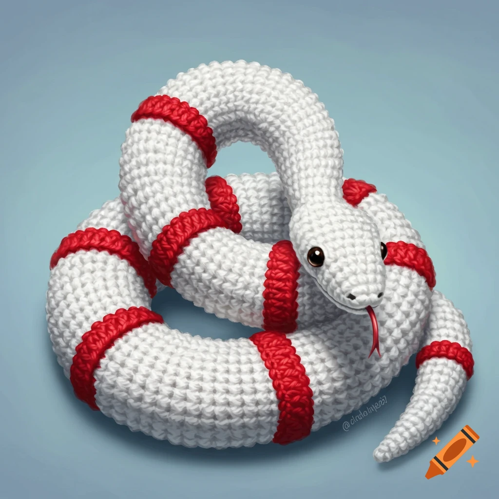 Crocheted white snake with red rings on a blue background on Craiyon