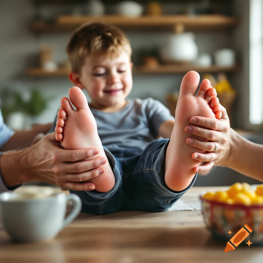 Close-up of a little boy's feet being tickled by his parents on a couch ...