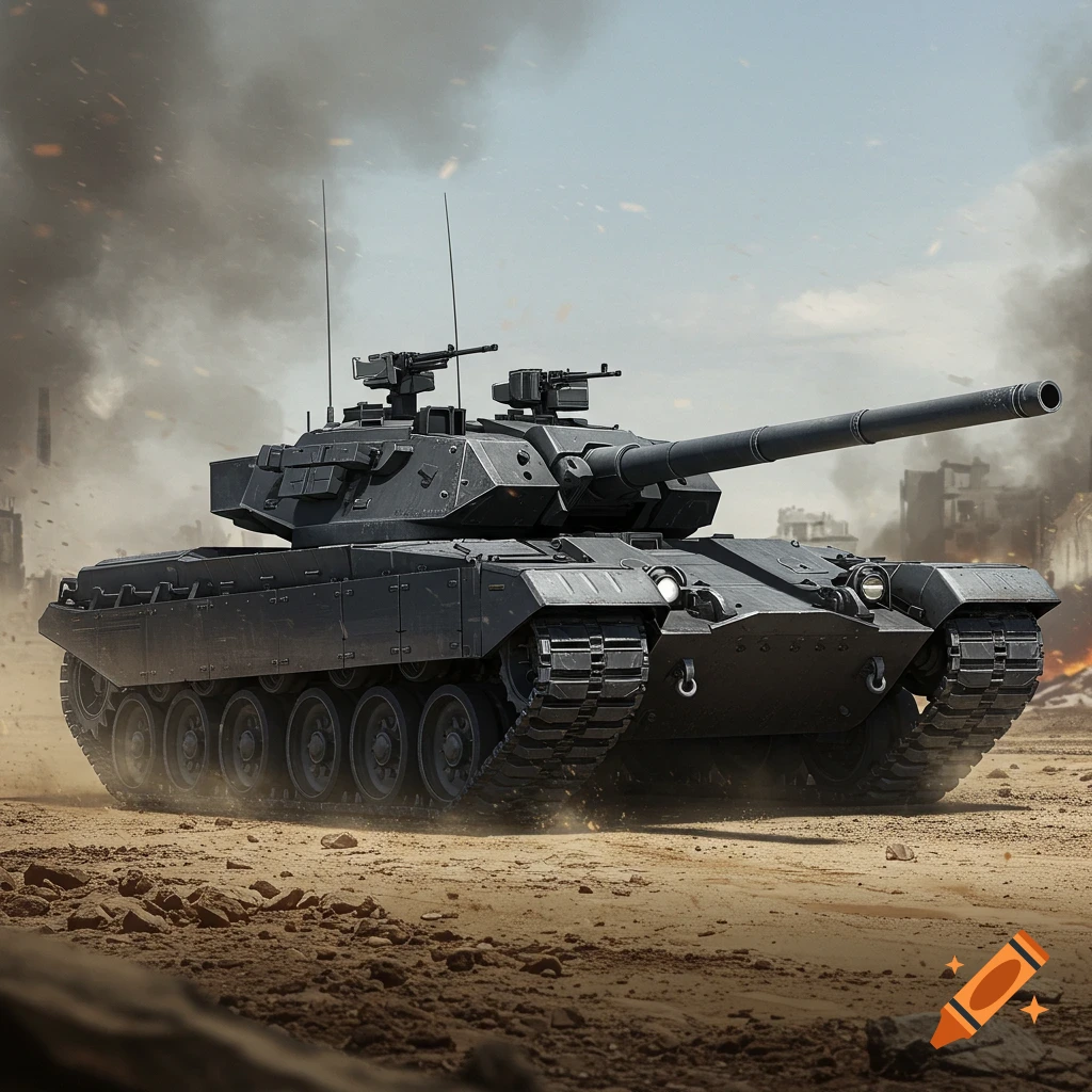 A camouflaged tank on a battlefield at sunset with explosions and smoke ...