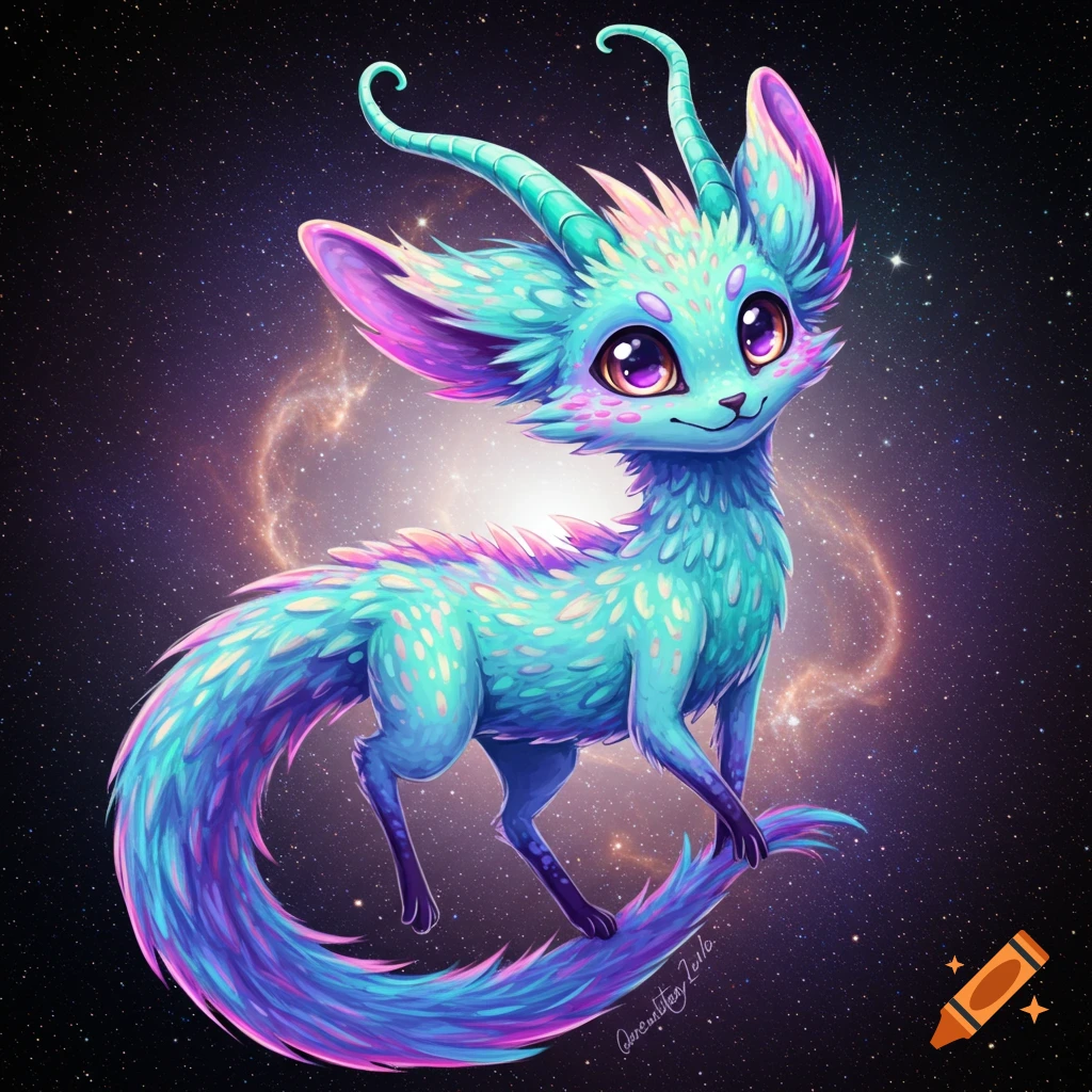 A colorful, furry fantasy creature with horns stands in space among ...