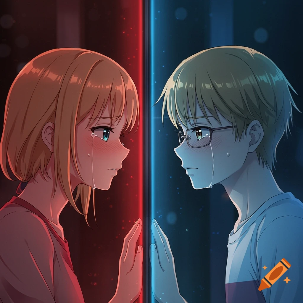 An anime girl with blonde hair and blue eyes looks at her reflection in ...