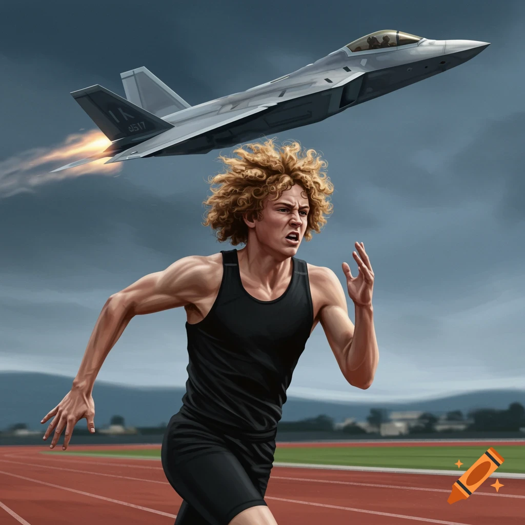 Teenage boy running track race with fighter jet overhead on Craiyon