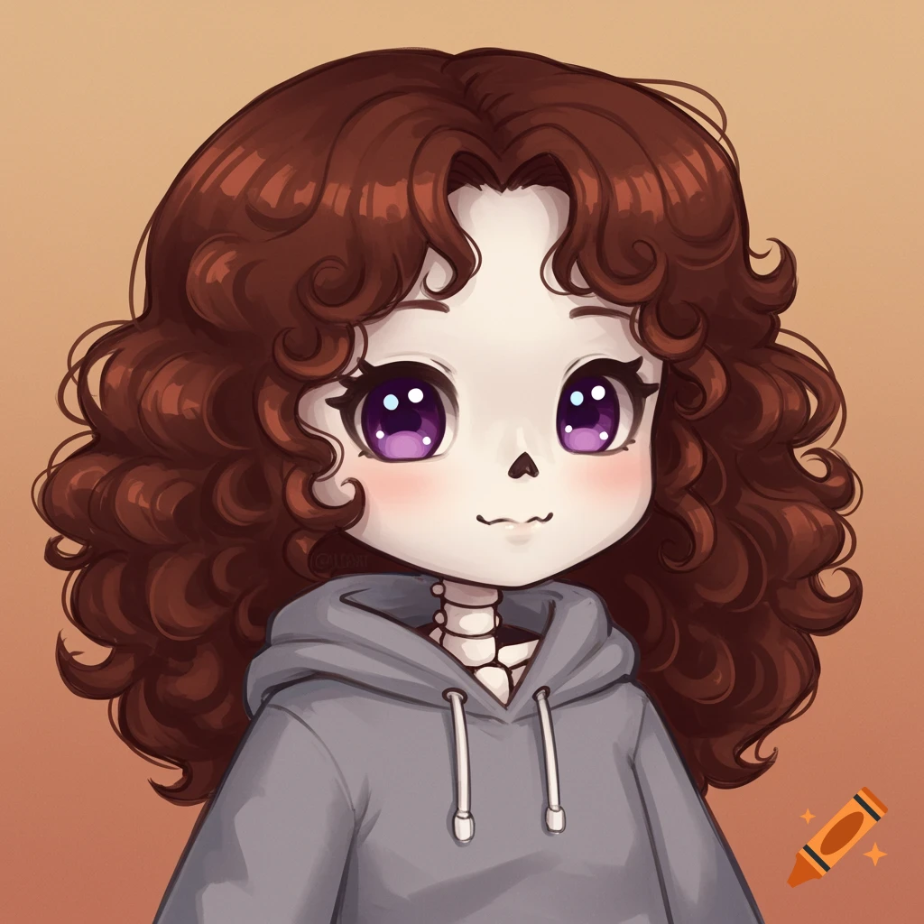 Chibi skeleton girl with brown hair and purple eyes in hoodie on Craiyon