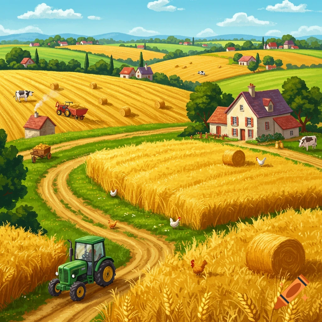 Stylized illustration of a farm landscape with golden fields, houses ...