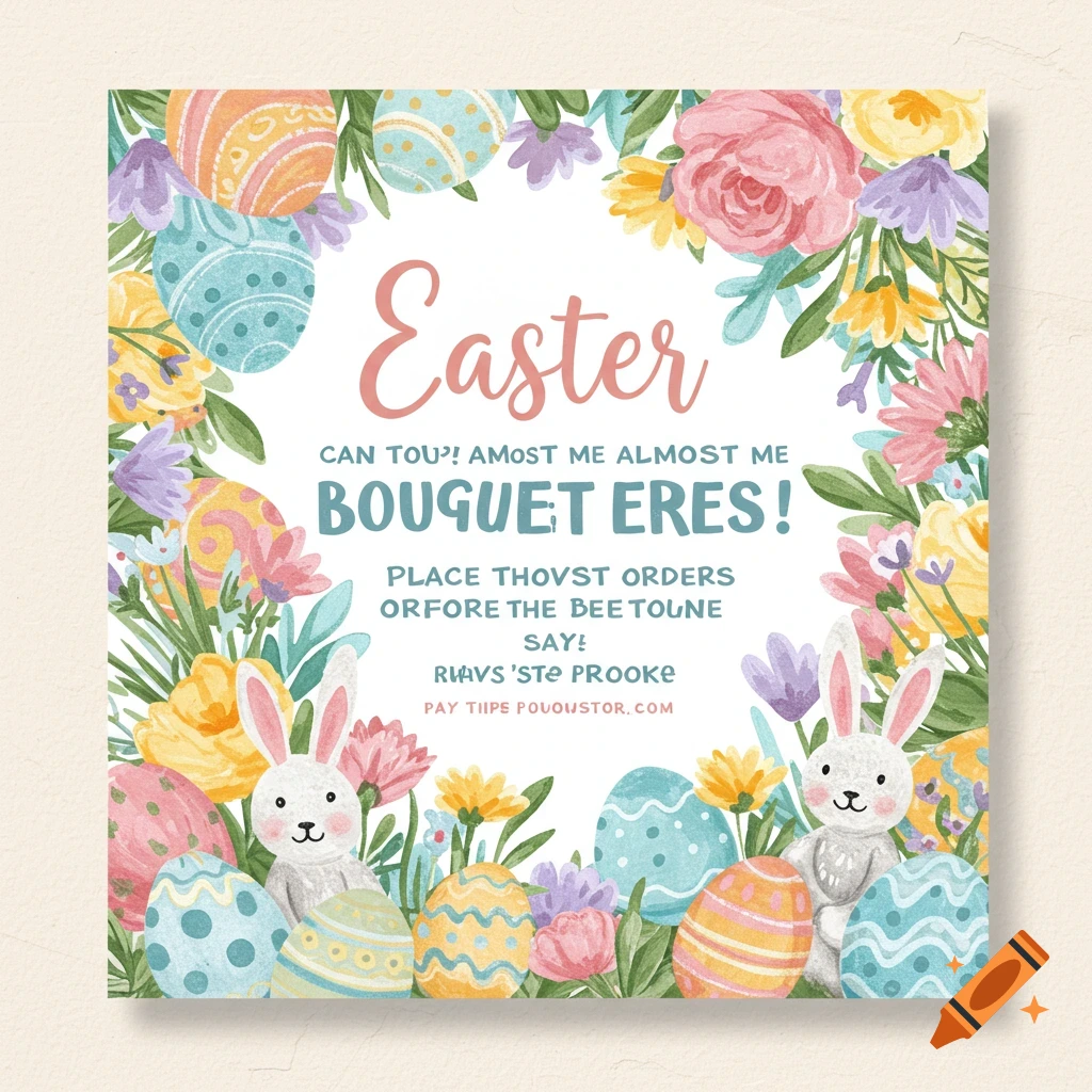 Easter bouquet order announcement with pastel colors, eggs, and bunnies ...
