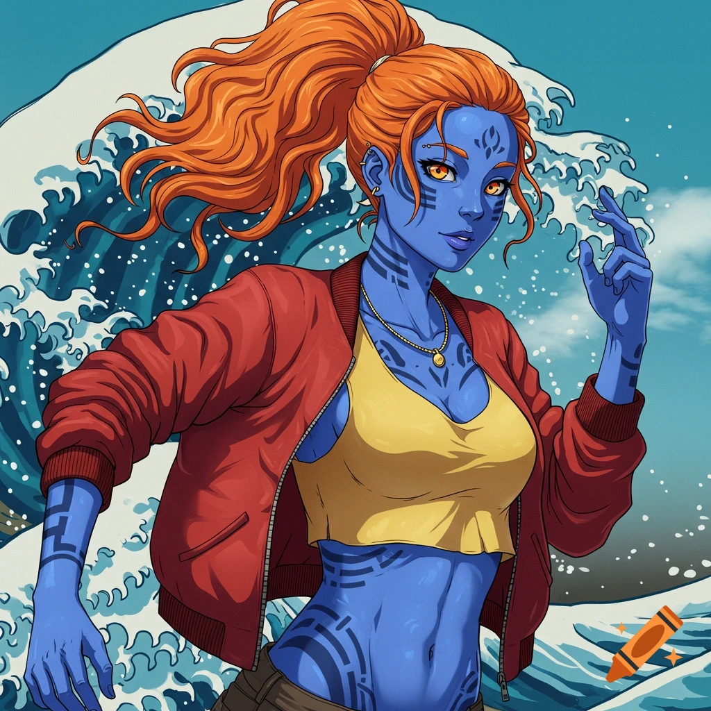 Anime style blue-skinned woman with orange hair in action pose with ...