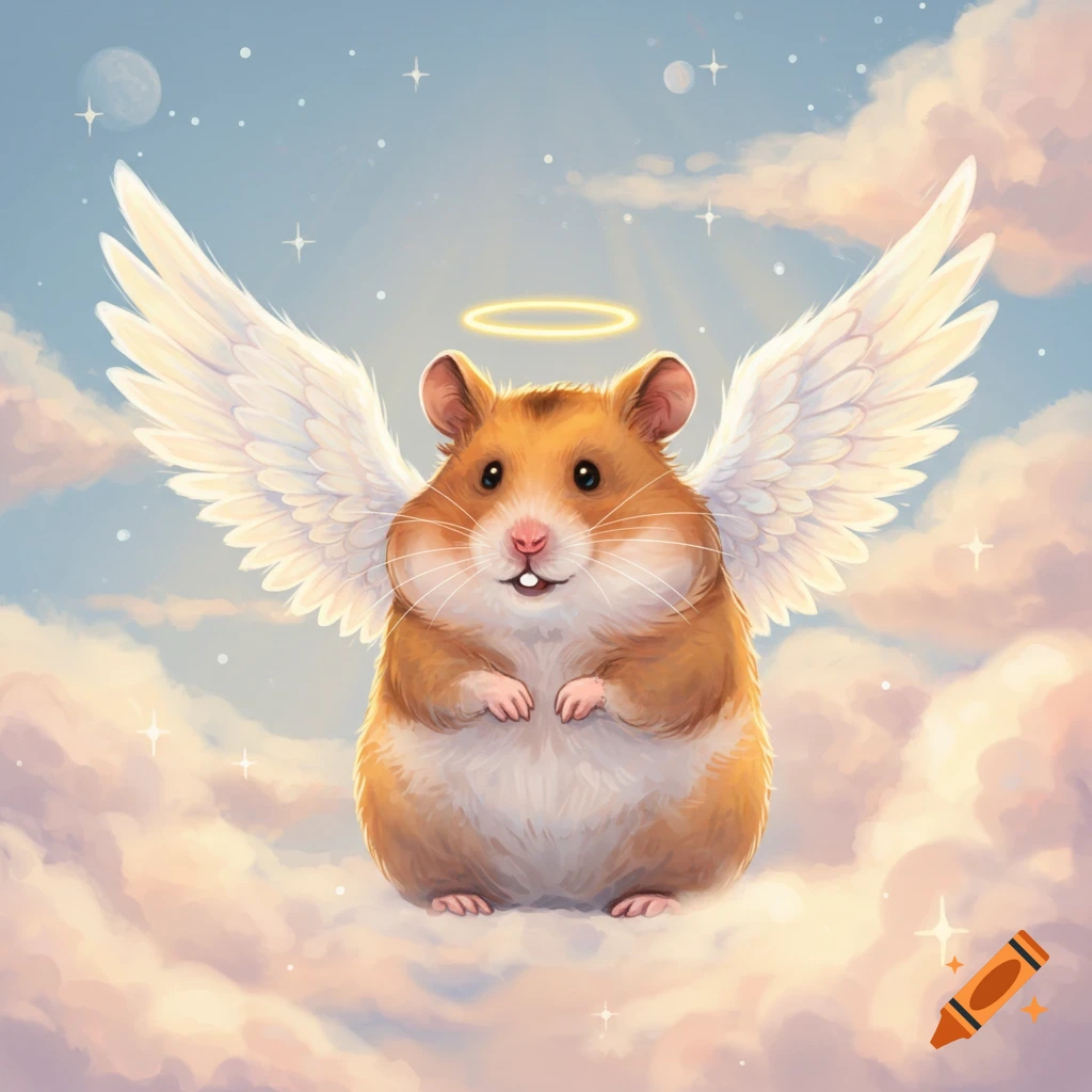 A cute hamster with angel wings and halo on clouds in the sky. on Craiyon