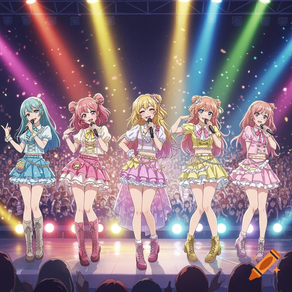 Five anime-style girls in colorful dresses singing on a brightly lit ...