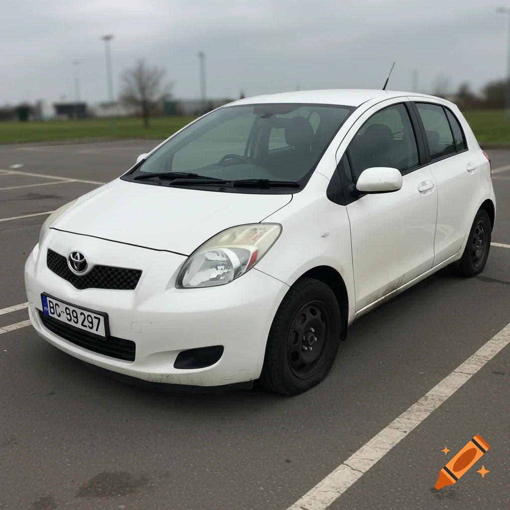 A white Toyota Yaris with a flat tire in a parking lot. on Craiyon