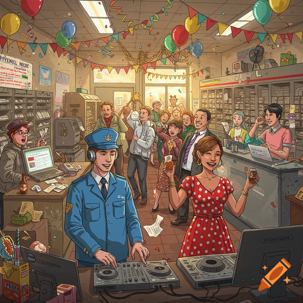 Cartoon illustration of a party taking place inside a post office with ...