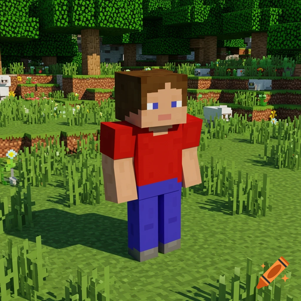 Minecraft character with red shirt and blue pants on Craiyon