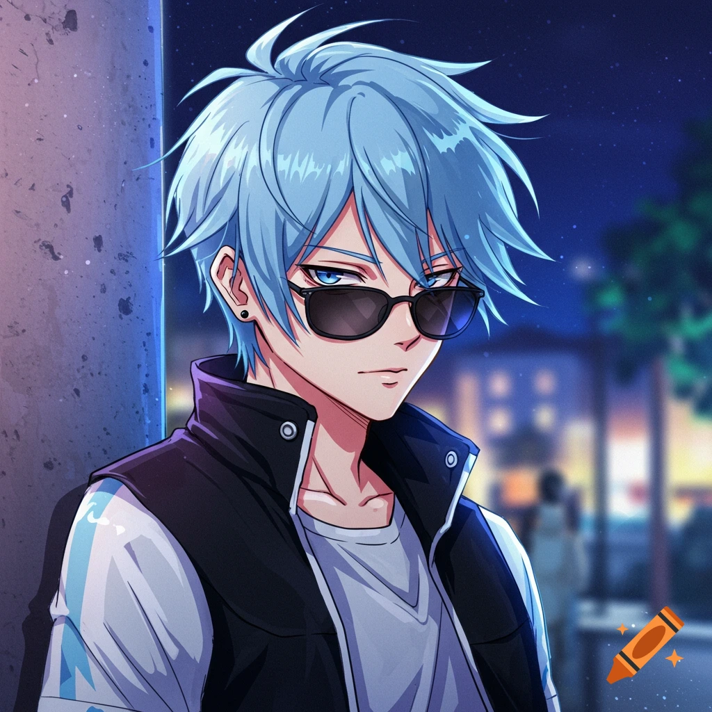 Anime young man with light blue hair and black sunglasses on Craiyon