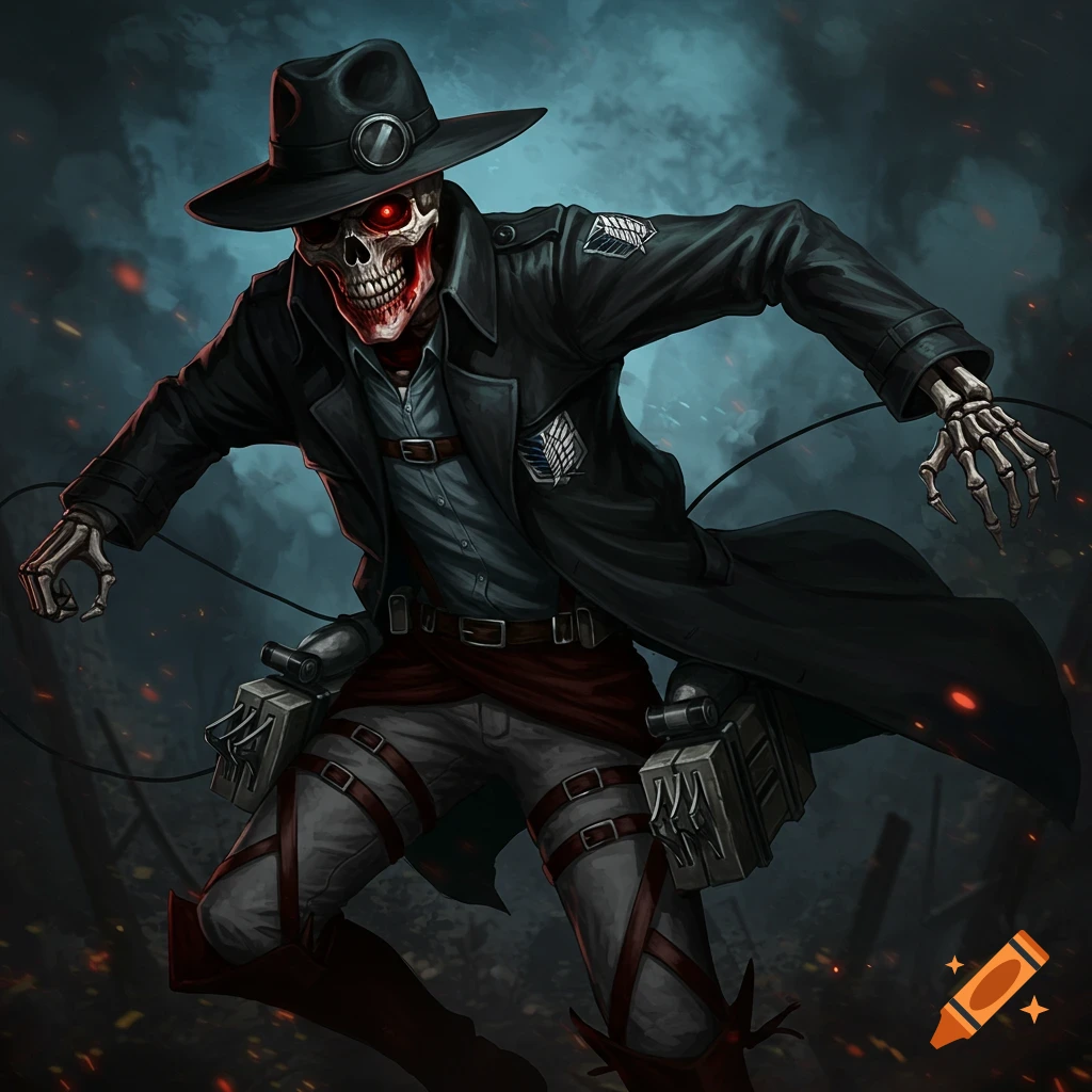Skeleton in trench coat, fedora, and goggles on Craiyon