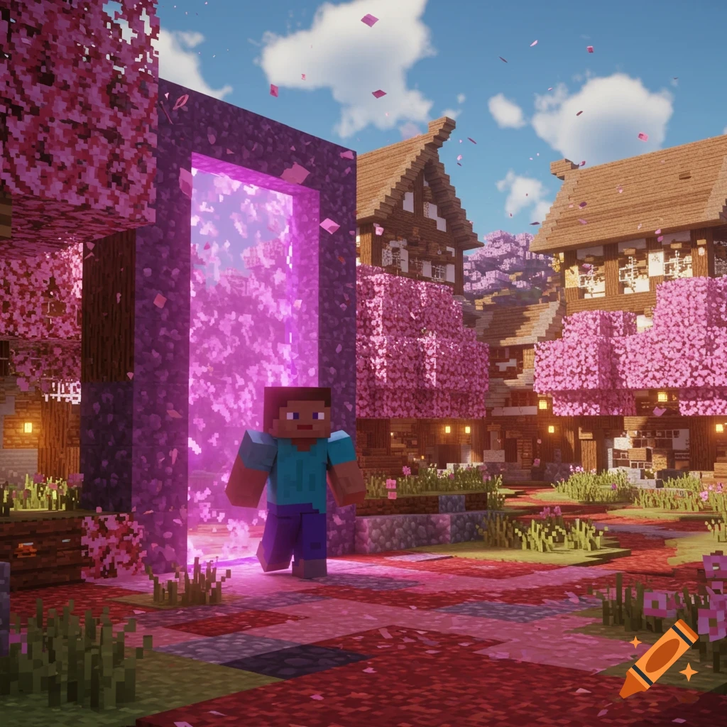 Minecraft character emerging from nether portal in cherry blossom biome ...