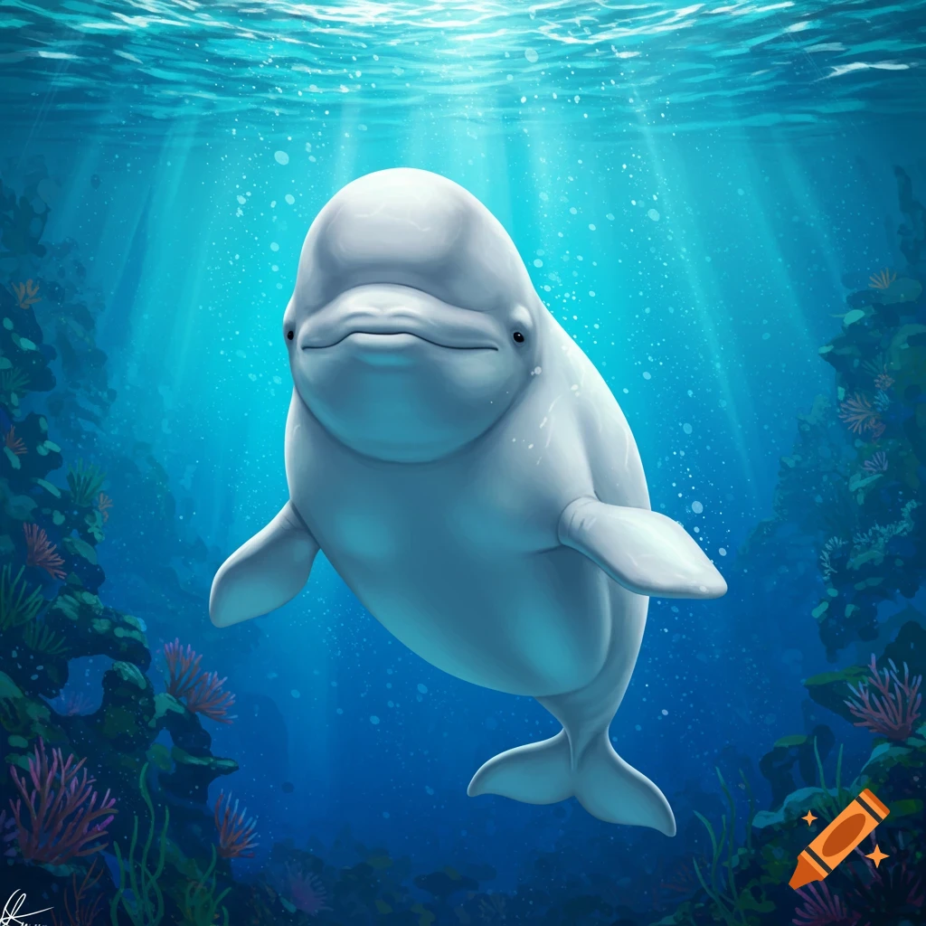 A beluga whale swimming underwater near coral with light rays on Craiyon